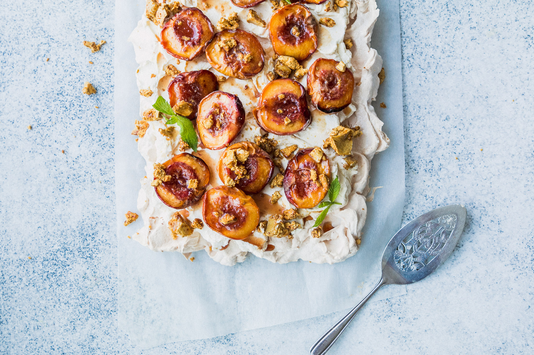 Honey Roast Peach Slab Pavlova | The Brick Kitchen